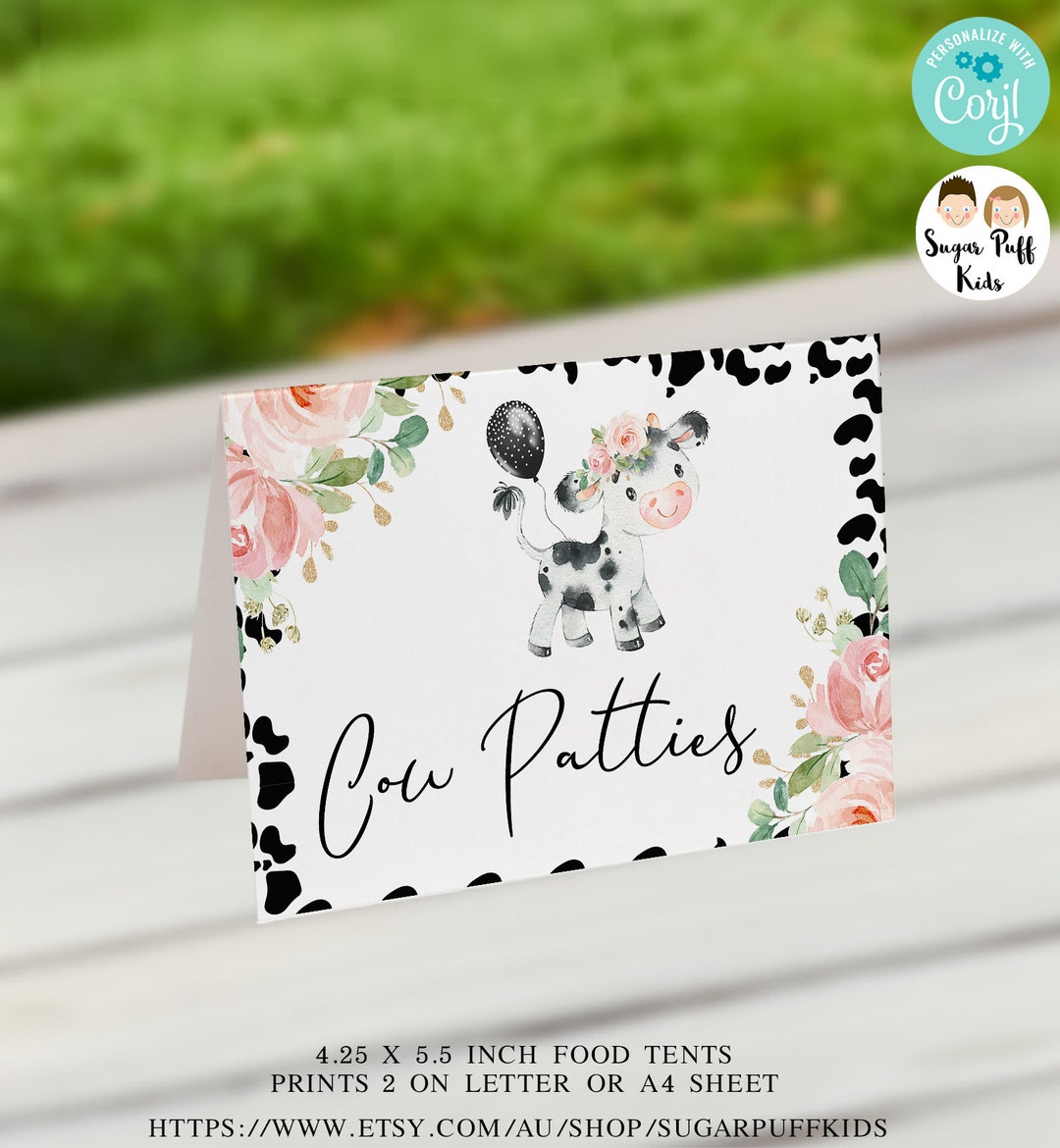 Editable Pink Floral Cow Cow Print Food Tent, Printable Cow Birthday ...
