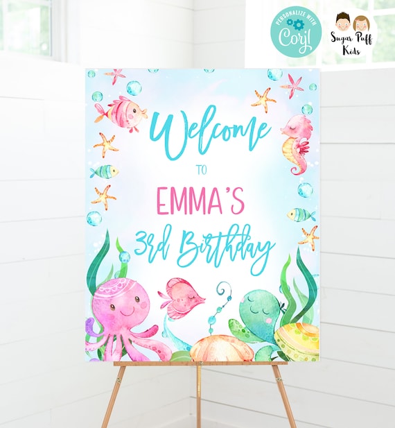 Editable girls under the sea birthday welcome sign, Instant download ...