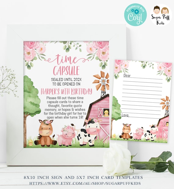 Editable pink farm time capsule sign, Printable Pink Floral Farmyard ...