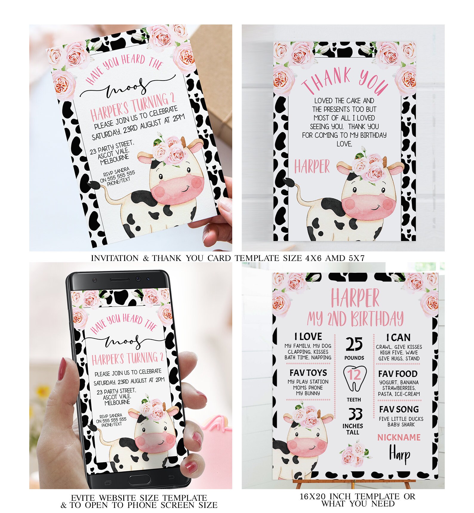 Editable Pink Floral Cow First Birthday Bundle Printable - Etsy Canada