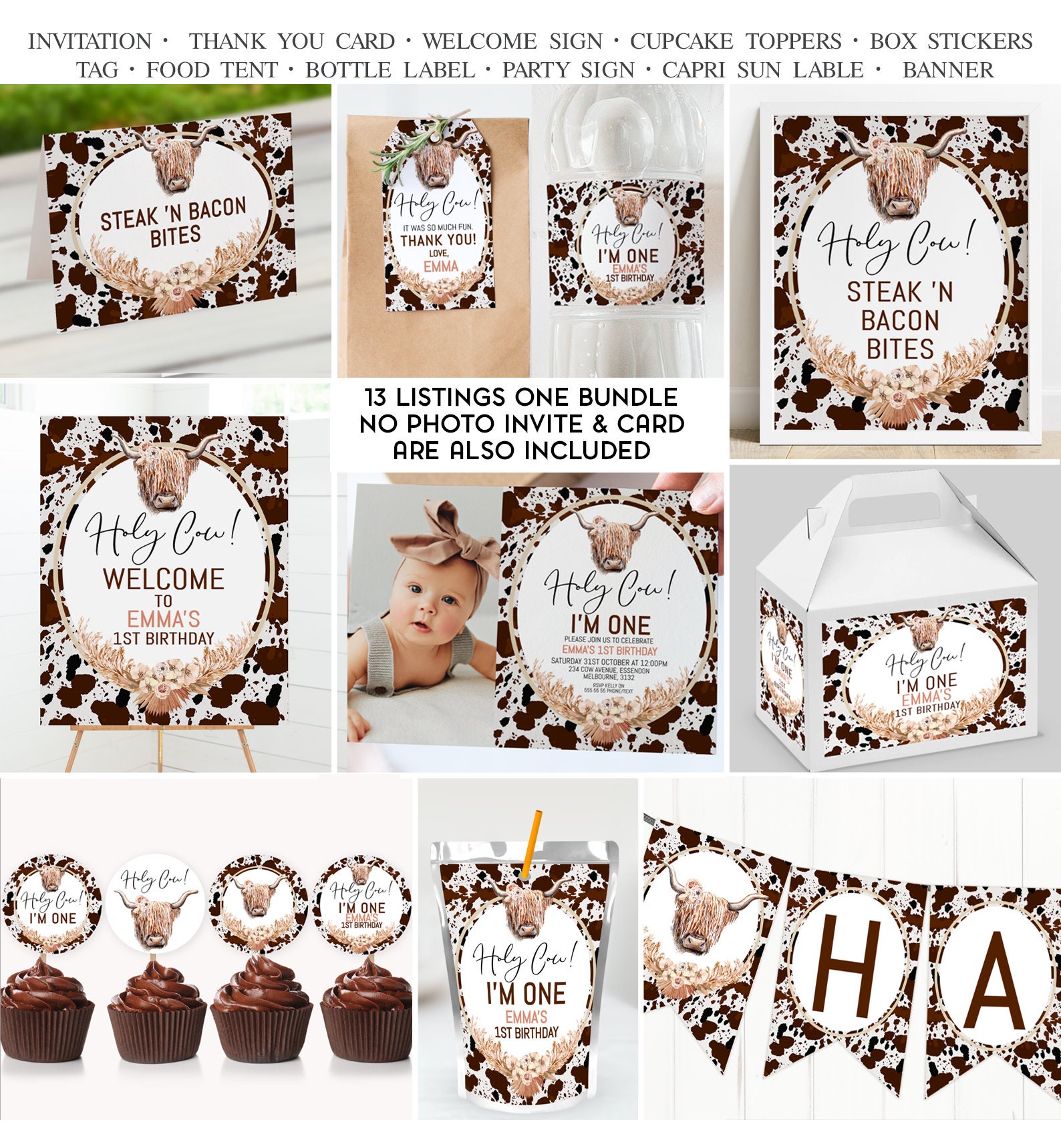 Editable Boho Pink Floral Cow Birthday Bundle Printable Girls - Etsy