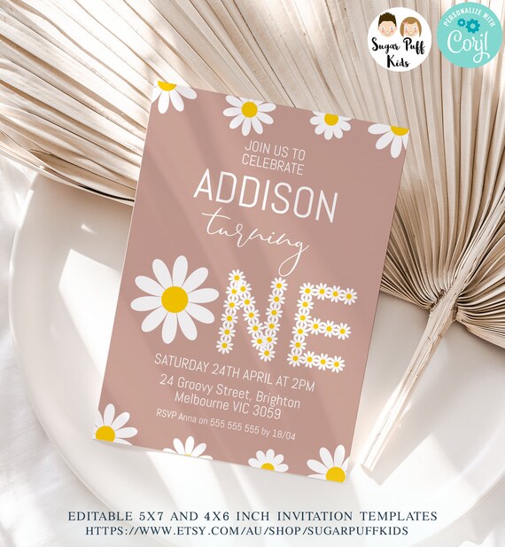 Printable Retro Daisy 1st Birthday Invite, Editable Girls Boho Daisy ...