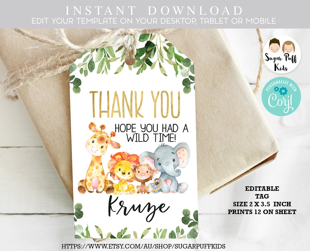Safari Animals Favor Tags Instant, Printable Safari Favor Tag, Editable ...