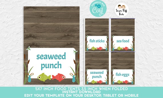 Fishing themed food tents, Editable Fishing place cards, Fishing Food ...