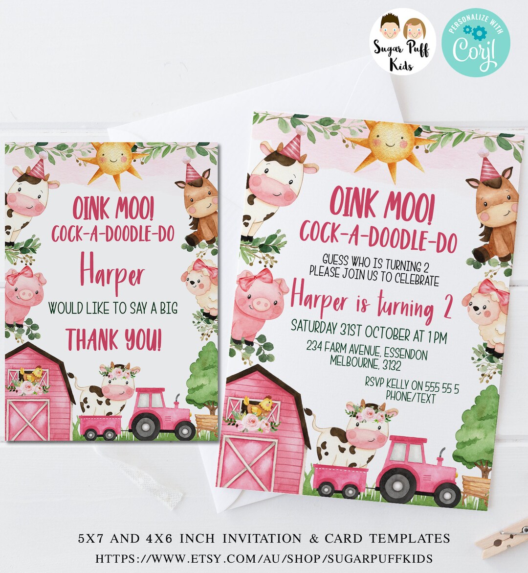 Printable Pink Farm Birthday Invitation and Farm Thank You Card, Girls ...