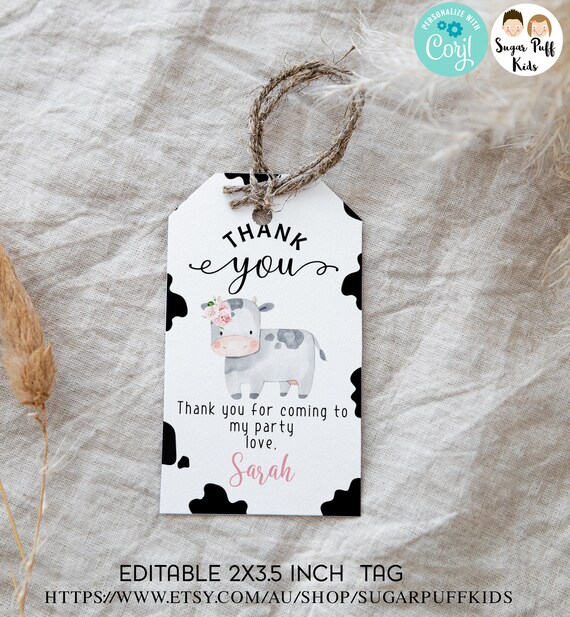 Editable Black White Cow Thank You Tag, Printable Cow Print Birthday ...