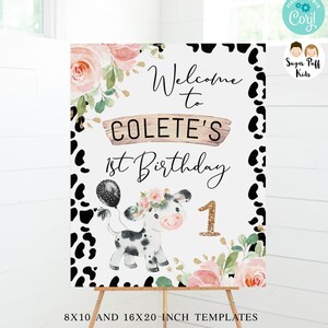 Printable Pink Floral Cow First Birthday Invite, Editable Girls Cow ...