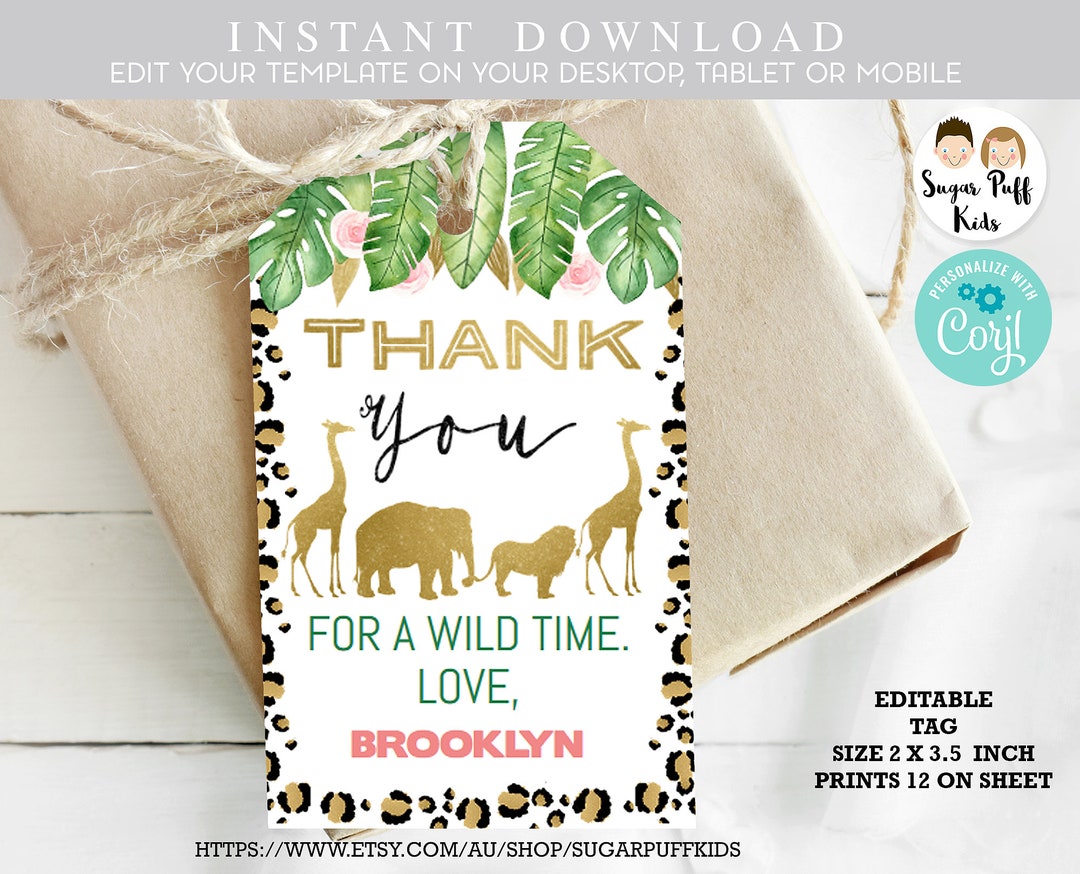 Girls Two Wild Favor Tags Instant Editable Safari Animals - Etsy