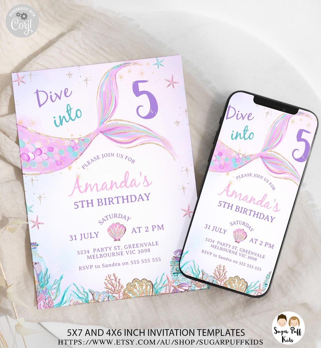 Printable, Editable Girls Dive Into Five Birthday Invitation, Under the ...