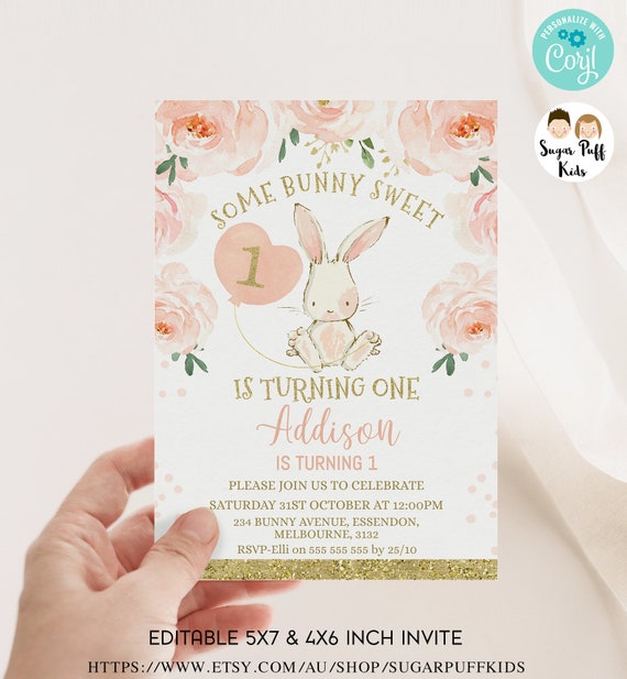Printable Pink Floral Bunny First Birthday Invite, Editable Girls Bunny ...