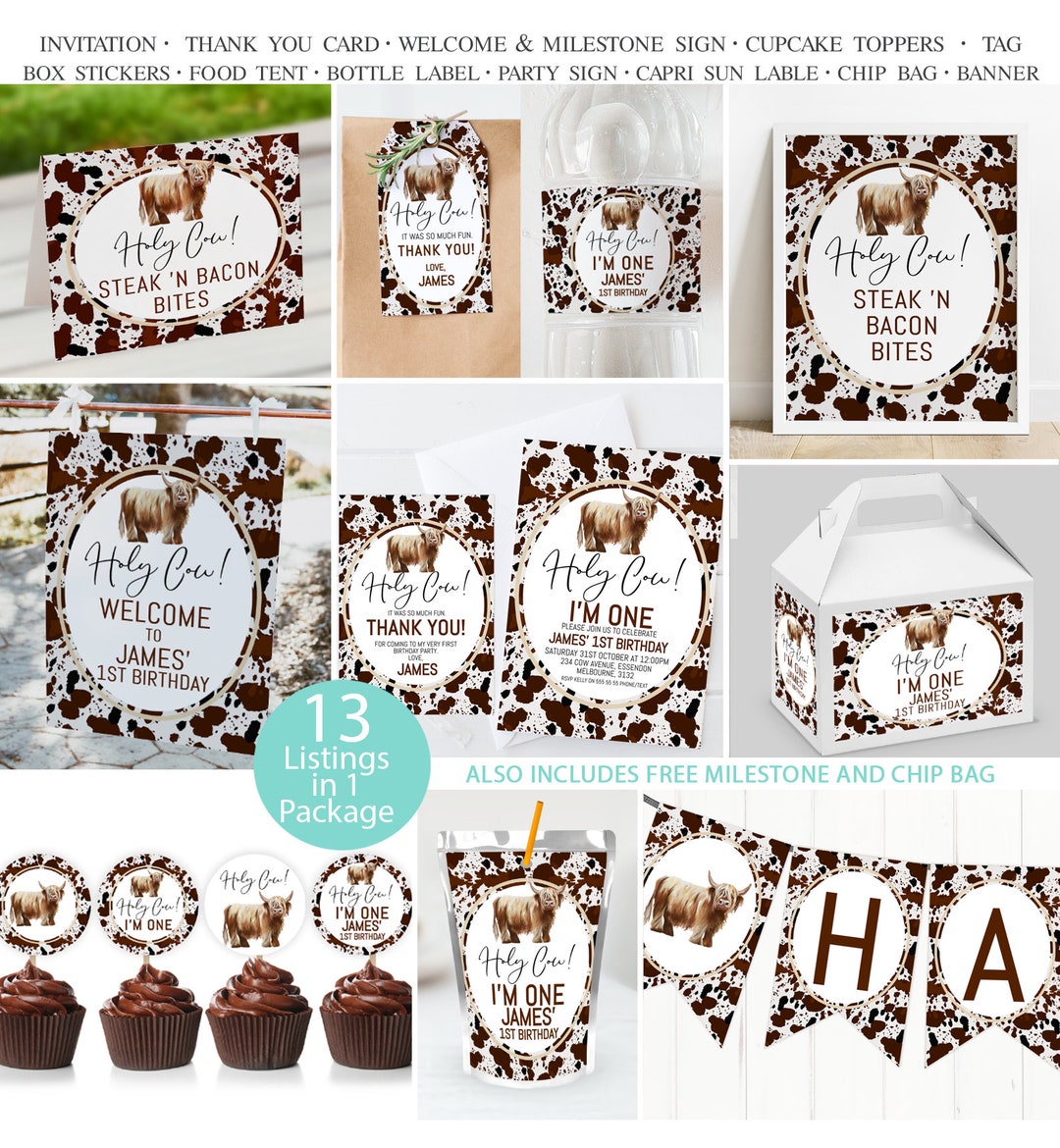 Editable Boys Highland Cow 1st Birthday Bundle, Printable Brown Cow ...