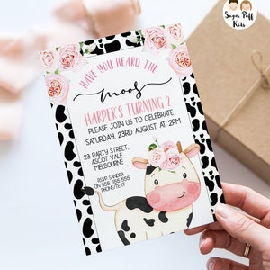 Editable Pink Floral Cow First Birthday Bundle, Printable Girls Cow ...