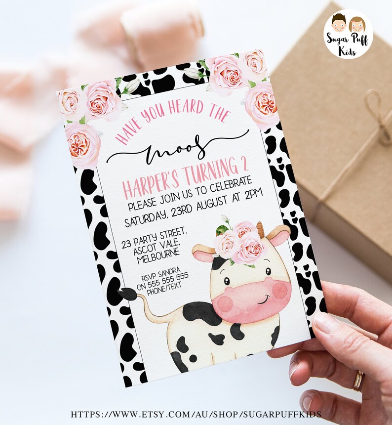 Editable Pink Floral Cow First Birthday Bundle Printable - Etsy
