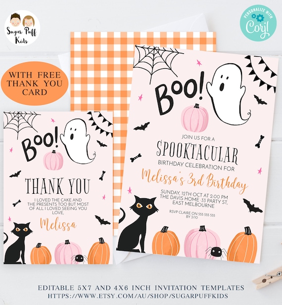 Printable Girls Pink Halloween birthday Invitate, Editable Boo ...