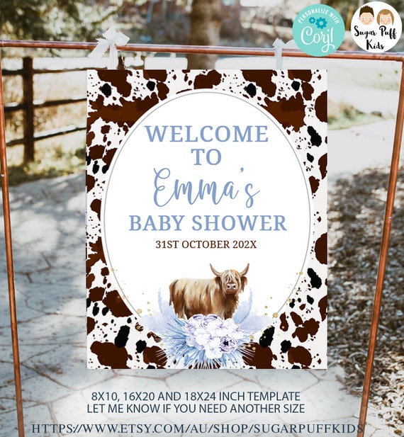 Printable Boho Blue Floral Highland Cow Baby Shower Welcome Sign ...