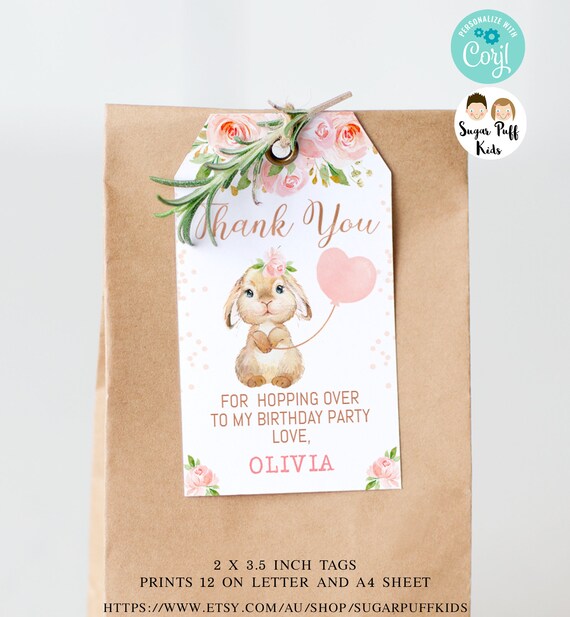 Printable Floral Bunny Pink Ballon Favor Tags, Instant Rabbit Tag, Some ...