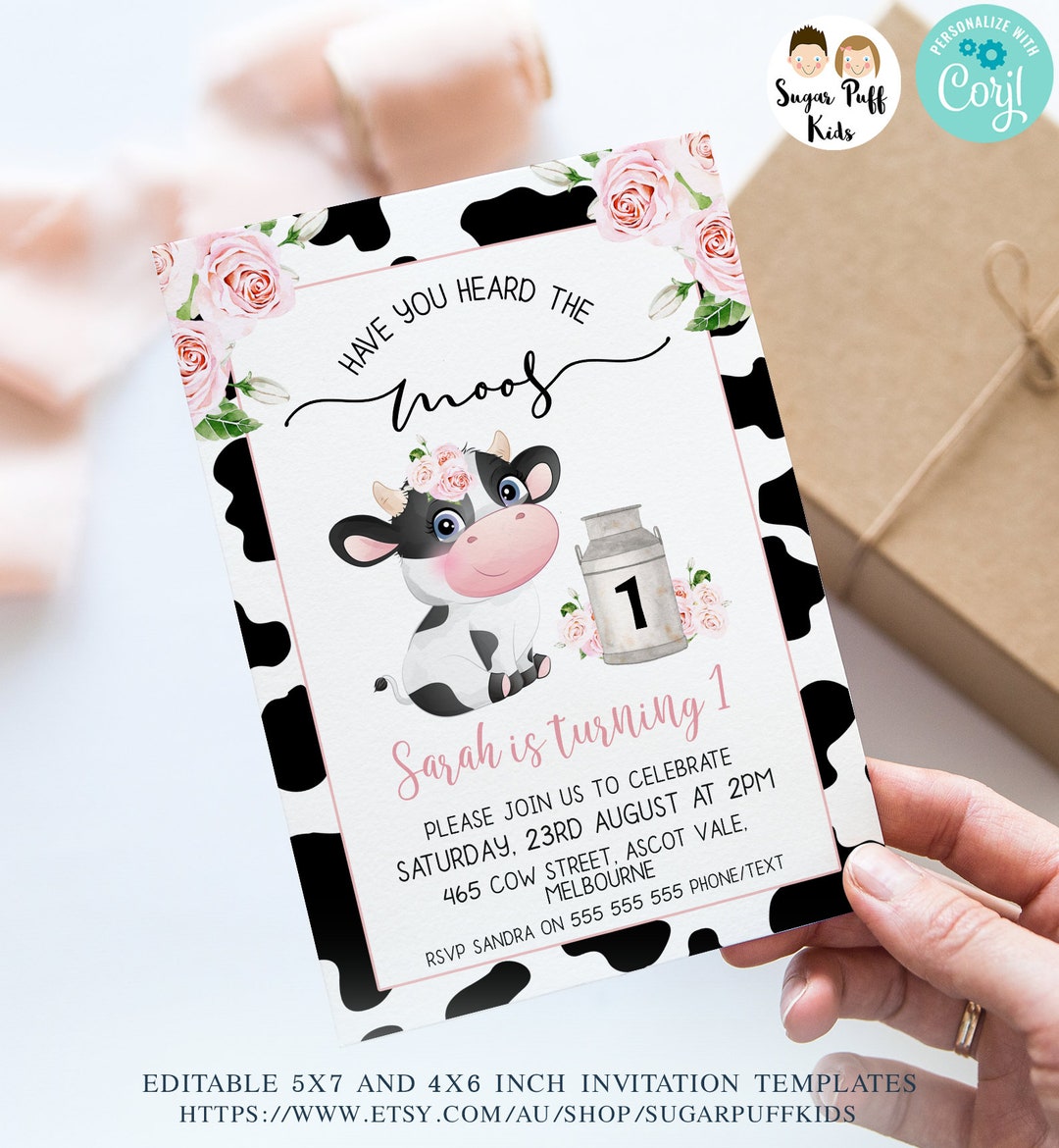 Printable Pink Floral Cow Print Birthday Invite, Editable Black White ...