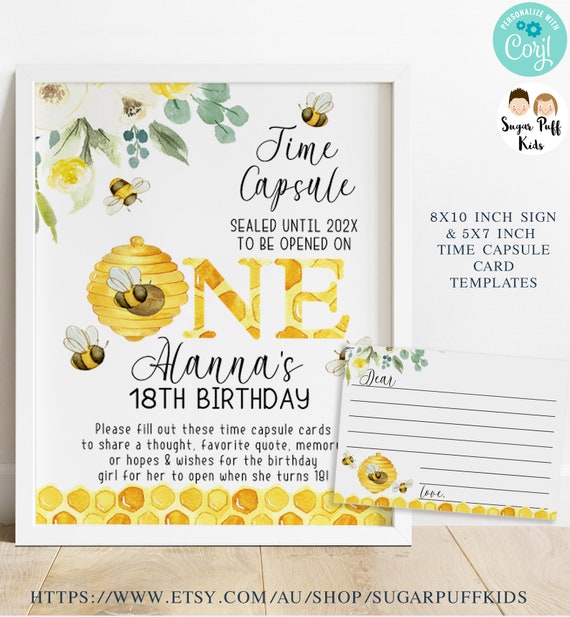Editable Bee Themed Time Capsule Sign, Printable Floral Bee Beehive ...