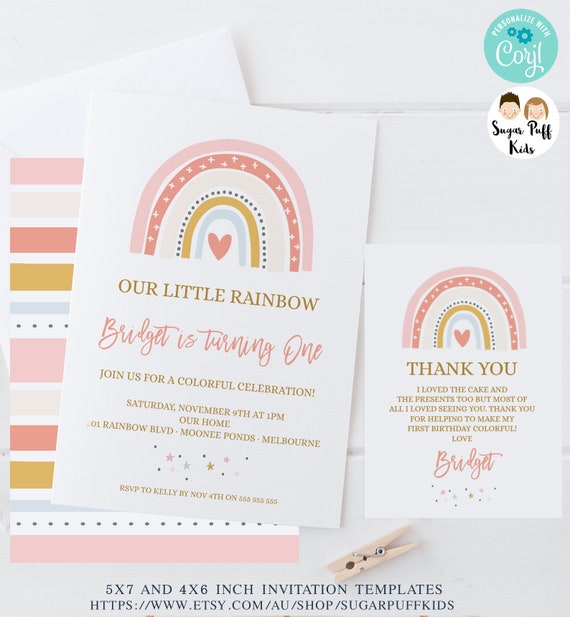 Editable Pink Rainbow 1st Birthday Invite, Printable rainbow first ...