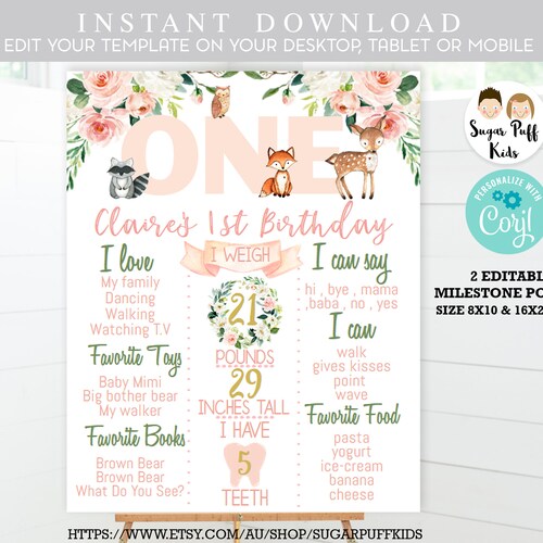 Woodland Milestone Poster Floral Woodland 1st Birthday - Etsy