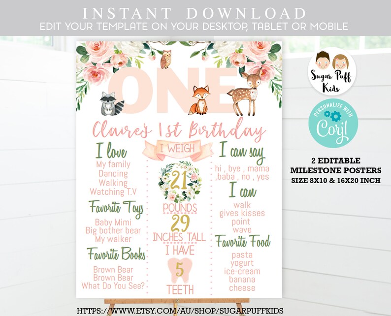 Woodland Milestone Poster Floral Woodland 1st Birthday - Etsy
