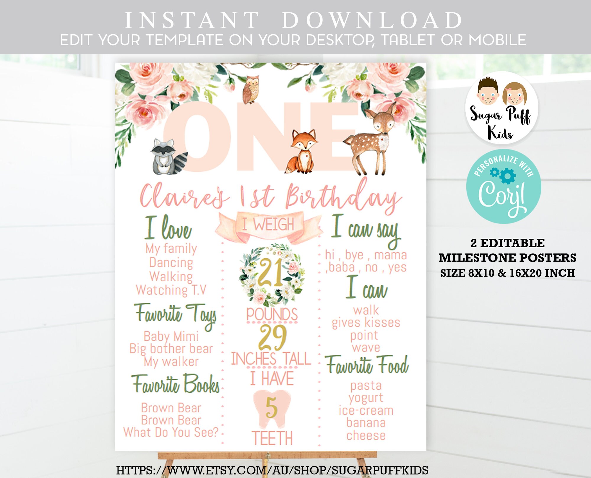 Woodland Milestone Poster Floral Woodland 1st Birthday - Etsy