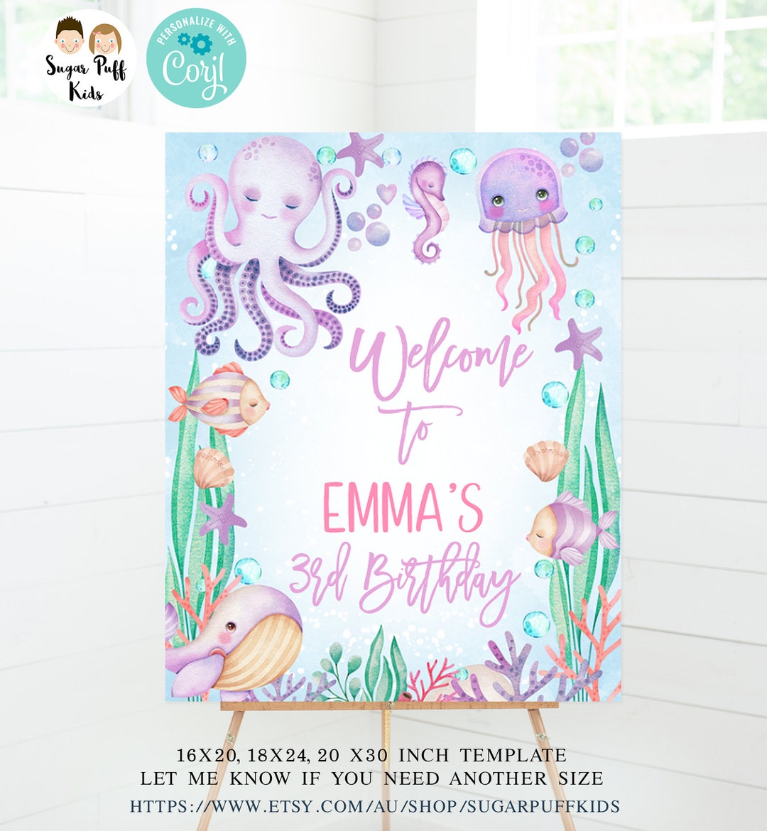 Editable Purple Under the Sea Birthday Welcome Sign, Instant Download ...