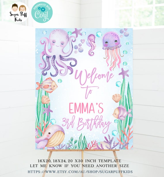Editable purple under the sea birthday welcome sign, Instant download ...