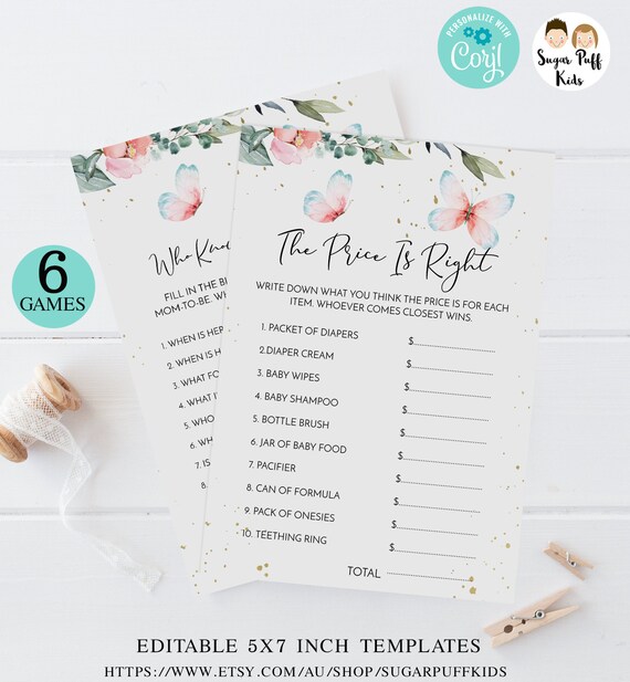 Editable Blue Pink Butterfly Kisses Baby Shower Games, Printable ... Editable Blue Pink Butterfly Kisses Baby Shower Games, Printable ...