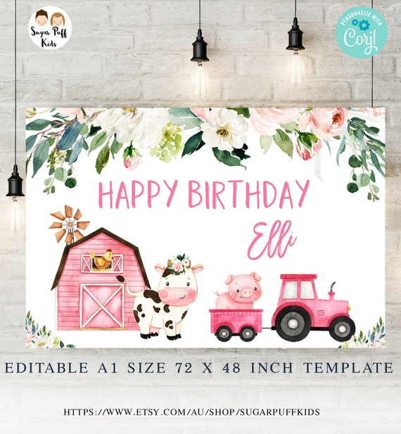 Editable Floral Farm backdrop, Printable Pink Farm Happy Birthday ...