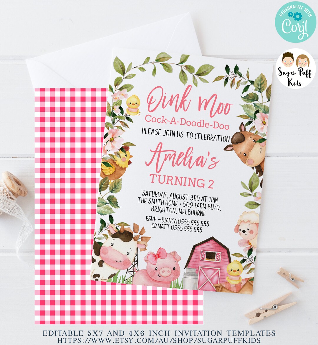 Printable Pink Barn Farmyard Birthday Invite, Editable Girls Barnyard ...