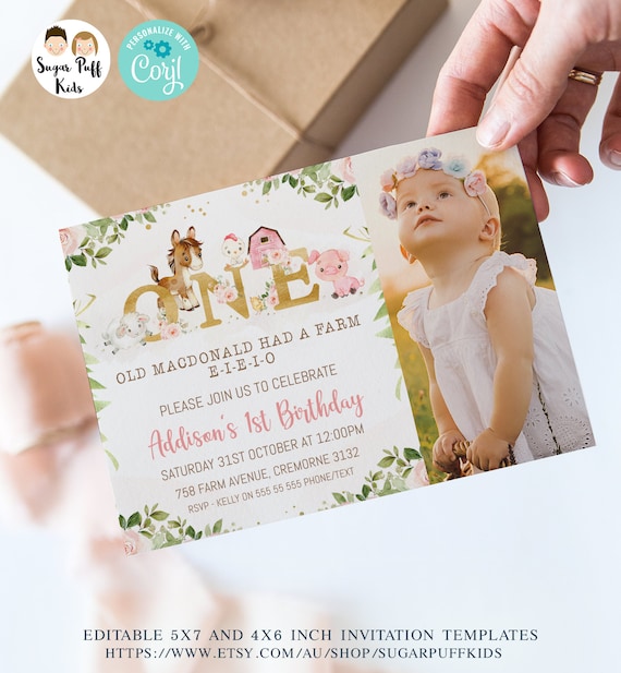 Printable Photo Pink Farmyard First Birthday Invitation, Editable Farm ...