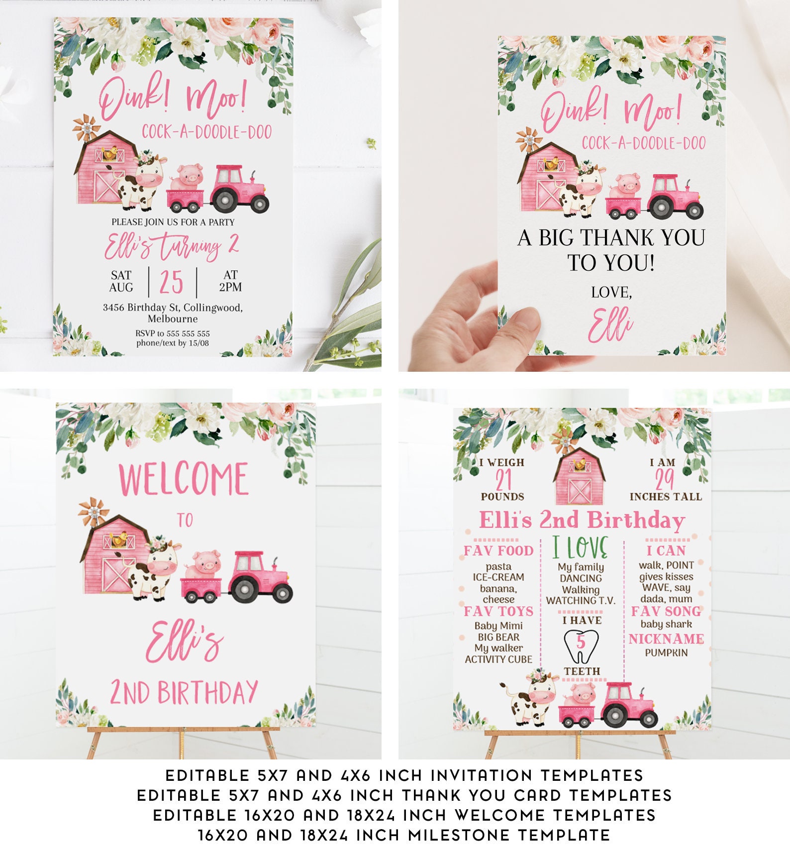 Editable Floral Pink Farm Birthday Milestone Poster Printable - Etsy