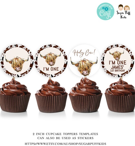 Instant Download Highland Cow Cupcake Toppers,Boys Editable Brown Cow ...