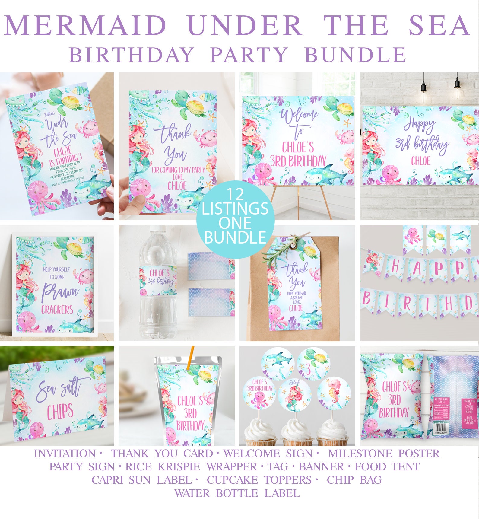 Party Printable Mermaid Under the Sea Bundle Editable Under - Etsy ...