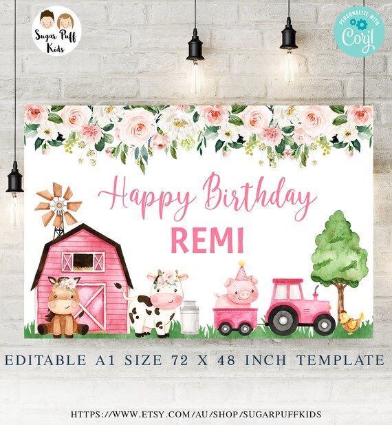 Editable Pink Farm backdrop, Printable Farm Themed Happy Birthday ...