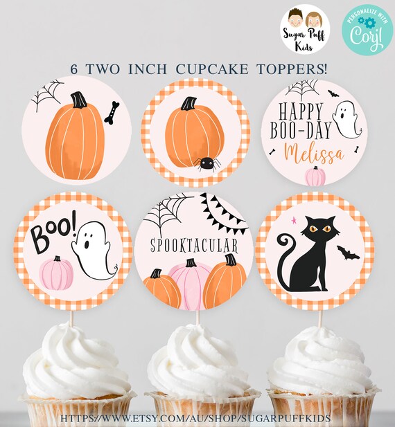 Printable Girls Pink Halloween Cupcake Toppers, Editable Boo Halloween ...