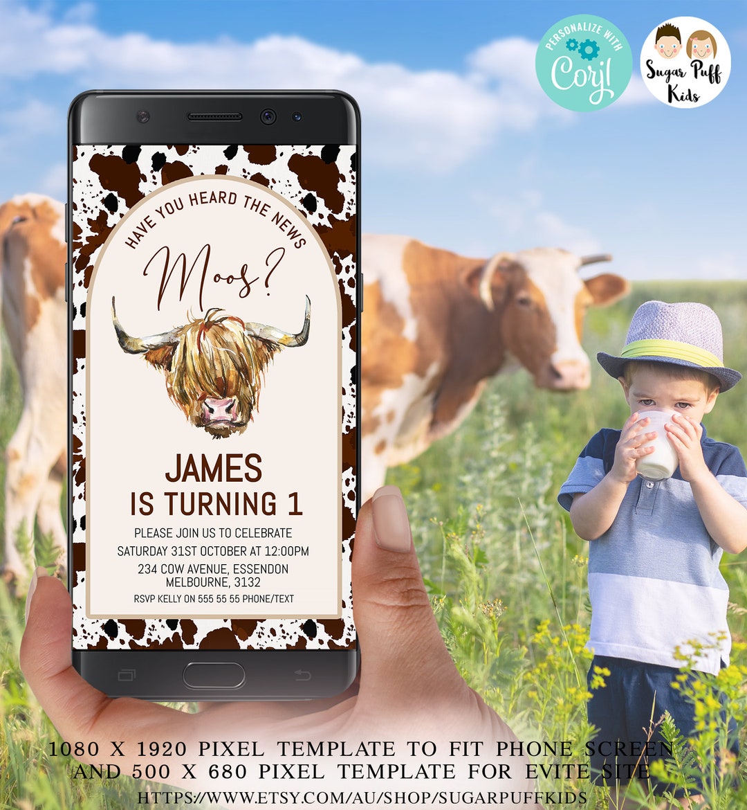 Editable Electronic Highland Cow Print Birthday Invite, Brown Cow Print ...
