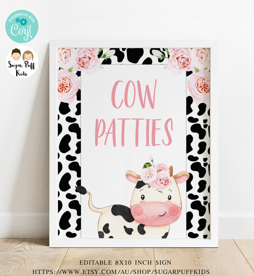 Editable Pink Floral Cow Birthday Party Sign, Printable Cow Print Party ...