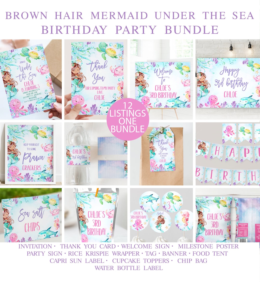 Party Printables Mermaid Under the Sea Bundle, Brown Hair Mermaid ...