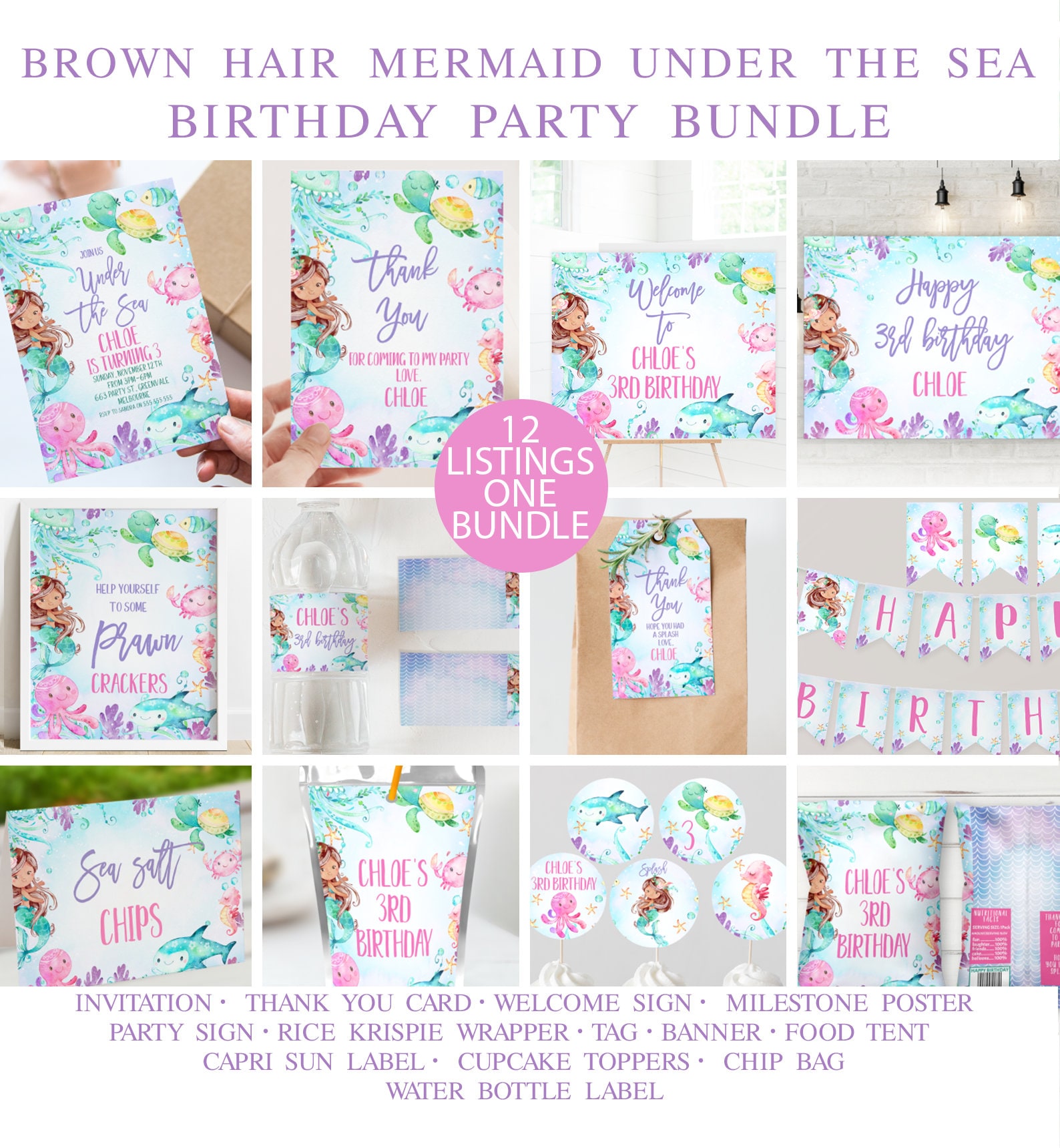 Party Printables Mermaid Under the Sea Bundle Brown Hair - Etsy Australia