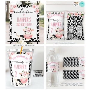 Editable Pink Floral Cow First Birthday Bundle, Printable Girls Cow ...