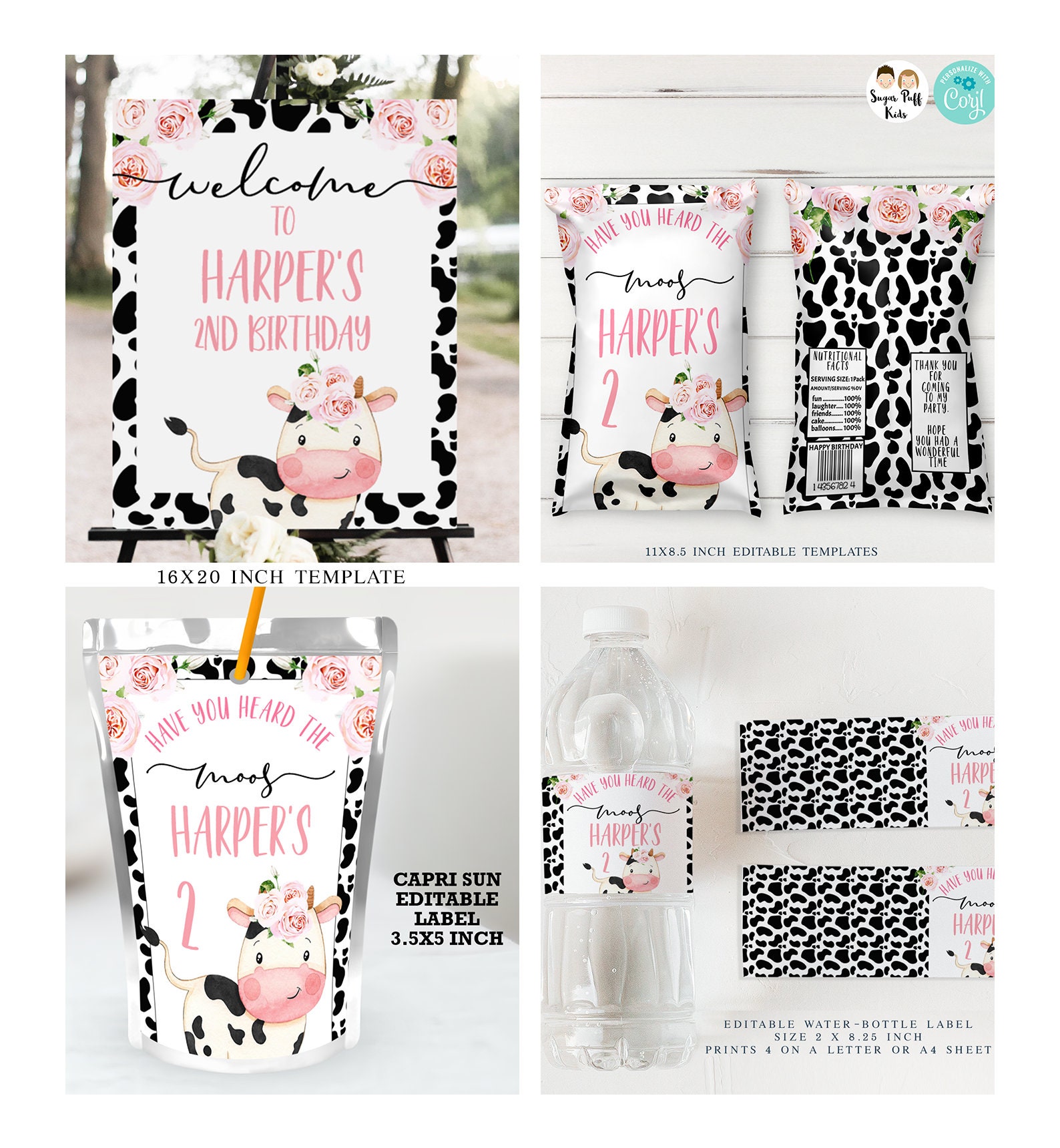 Editable Pink Floral Cow First Birthday Bundle Printable - Etsy Canada