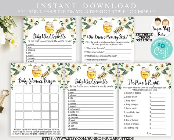 Bee baby shower games, Printable bee baby shower games, Editable bee ...