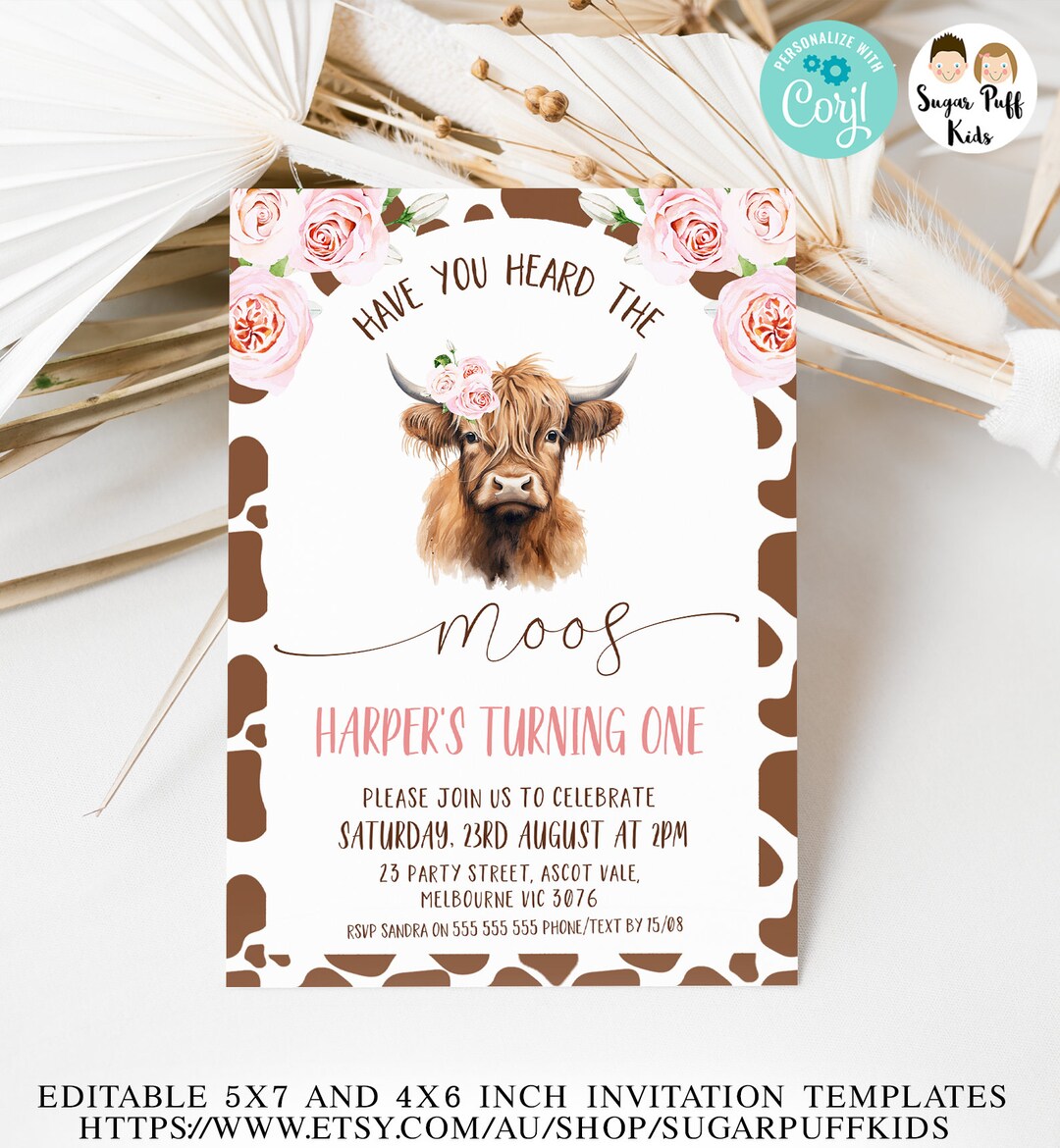 Printable Pink Floral Highland Cow Birthday Invite, Editable Highland ...
