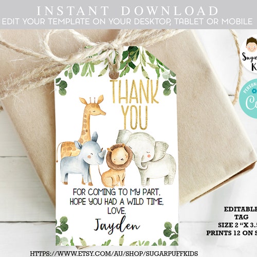 EDITABLE Gold WILD Animals Favor Tag Printable Jungle Favor - Etsy