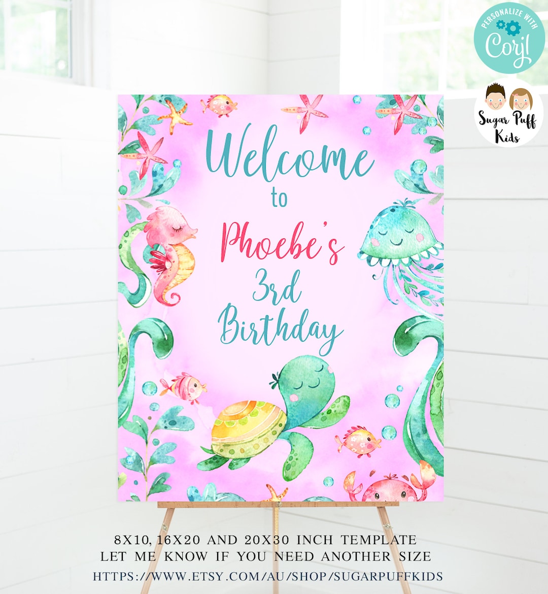 Editable Sea Creatures Birthday Welcome Sign, Instant Download Under ...