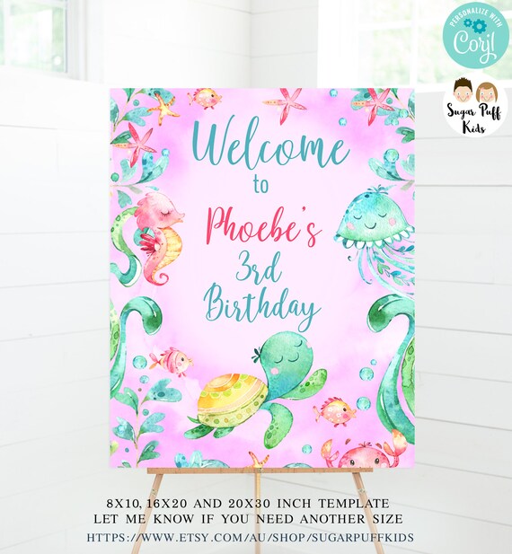 Editable sea creatures birthday welcome sign, Instant download under ...