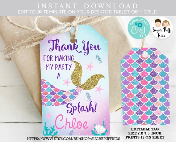 Mermaid Tail Favor Tags Instant, Editable Mermaid Favor Tag, Pink ...