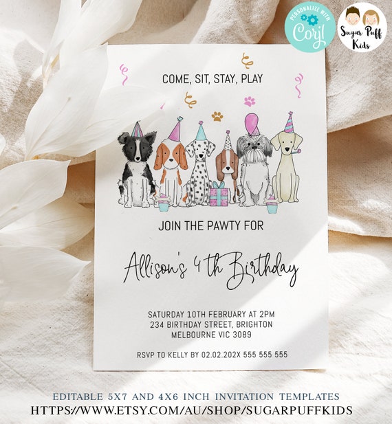 Printable Pink Paw Pawty Dogs Birthday Invite, Editable Template Pawty ...